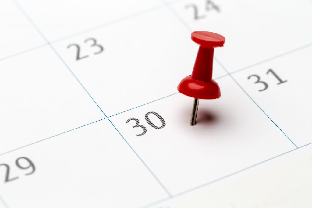 30th of the month marked on calendar – Saint Brigid Catholic Church